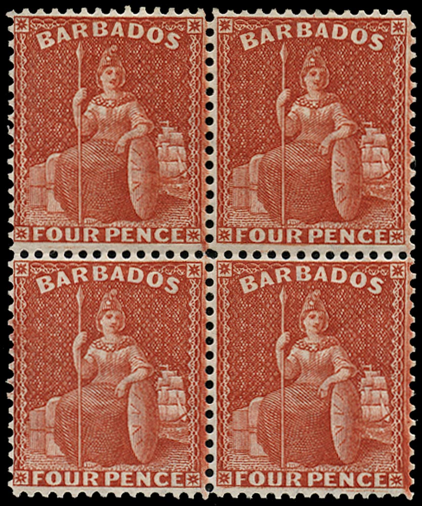 BARBADOS 1875 SG76 Mint 4d red Britannia watermark Crown CC perf 14 ...