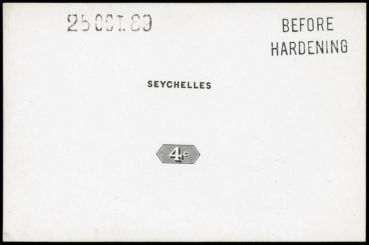SEYCHELLES 1889 SG2 Proof of 4c duty in black on glazed card Before Ha ...