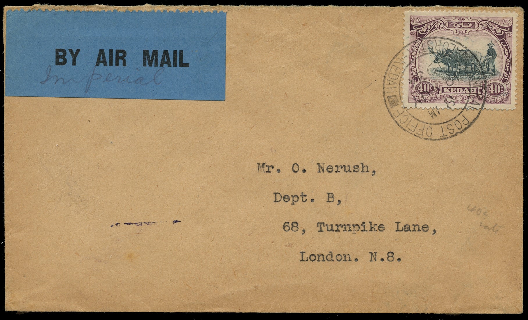 MALAYA - KEDAH 1934 SG35c Cover airmail from Alor Star to London at 40 ...